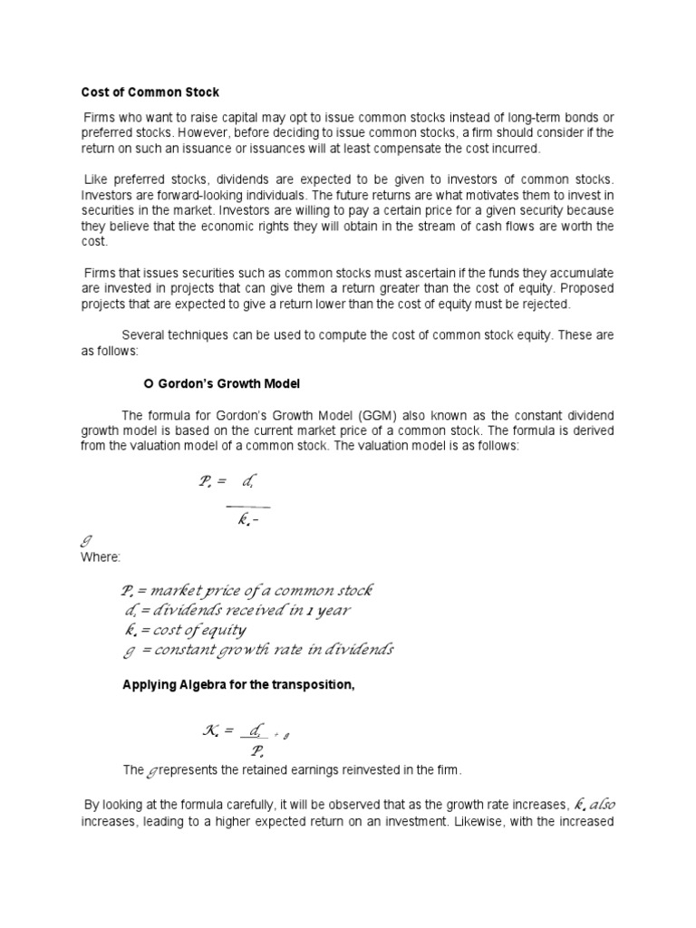 Calculating the Cost of Common Stock Equity Using Gordon's Growth Model ...