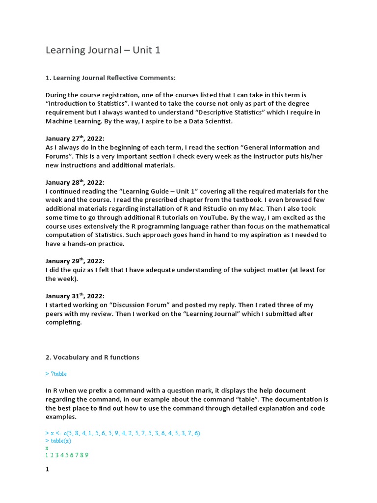 Learning Journal - Unit 1 | PDF | Statistic | Science Learning Journal - Unit 1 | PDF | Statistic | Science