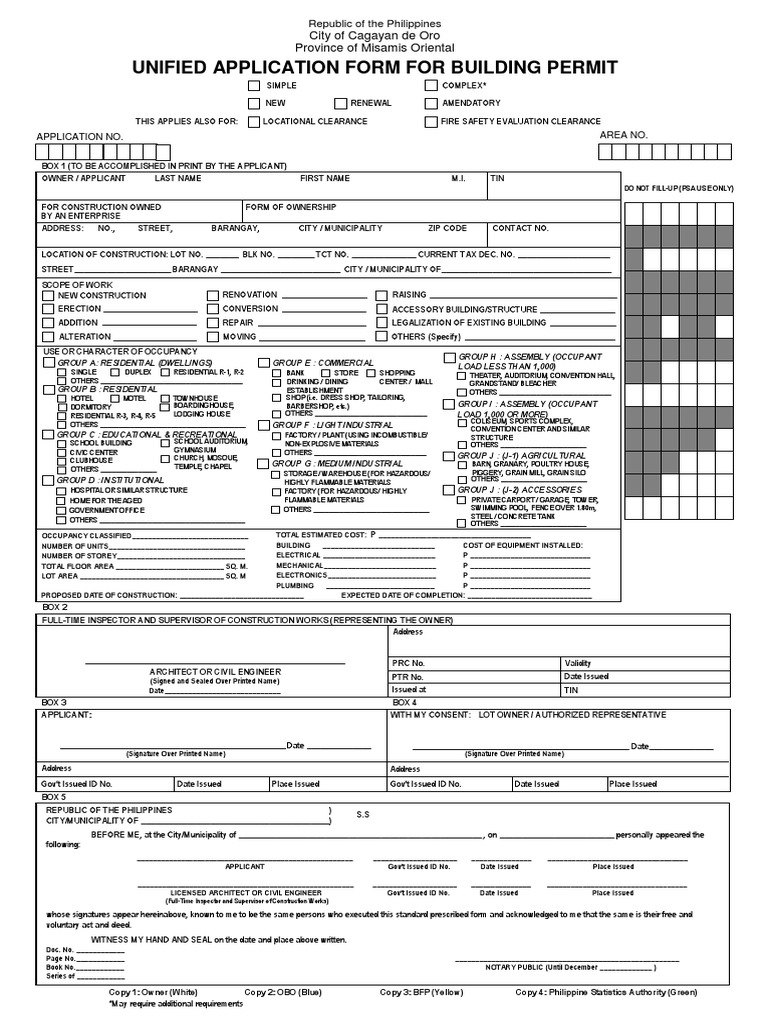 Unified Application Form For Building Permit: City of Cagayan de Oro ...