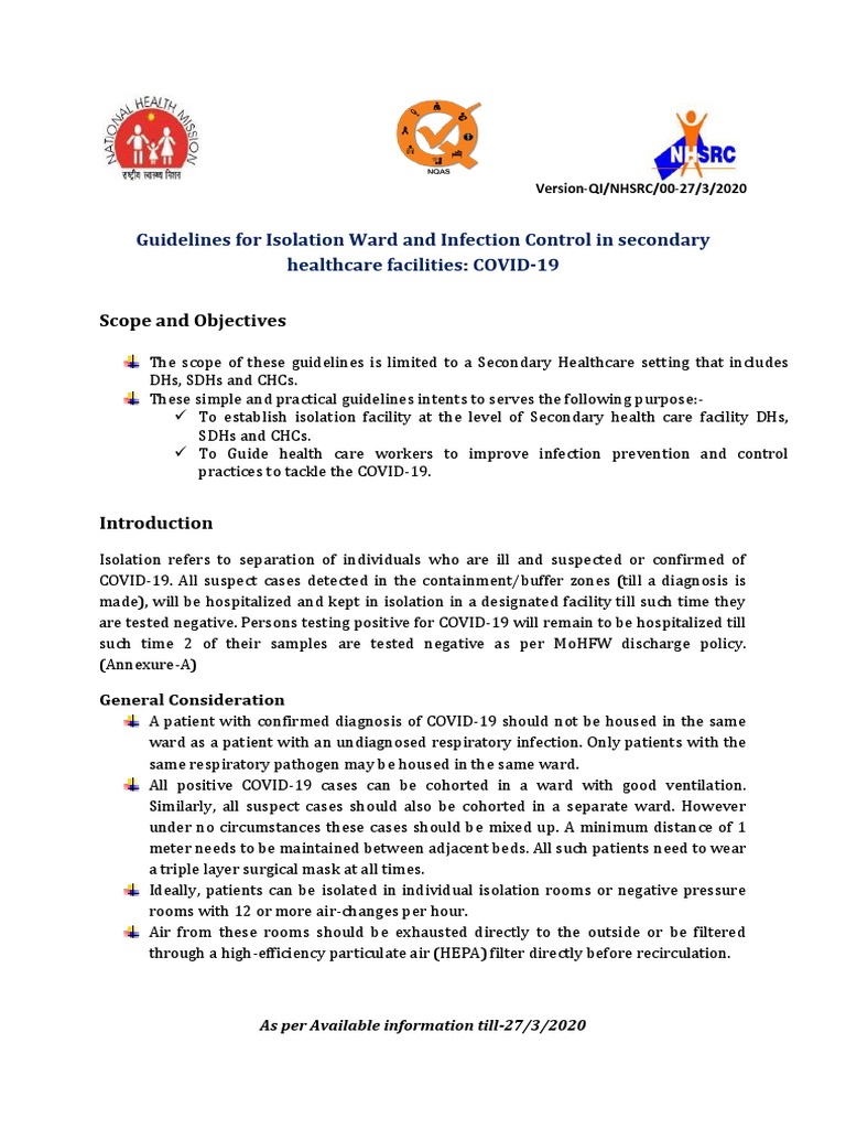 Protocol For Infection Control and Isolation ward-COVID-19 | PDF ...