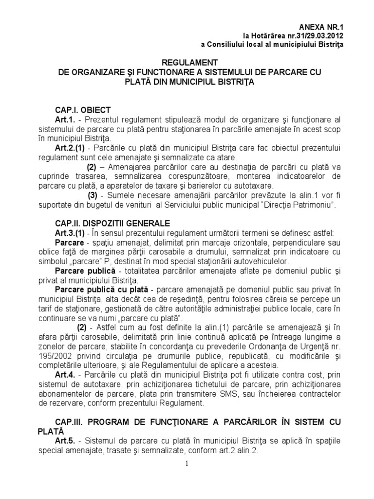Anexa 1 Regulament Parcare Plata | PDF