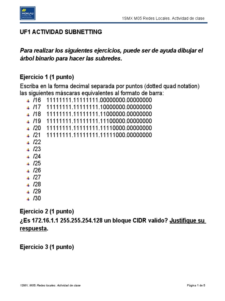 Actividad Subnetting | PDF | Dirección IP | Protocolos de comunicaciones