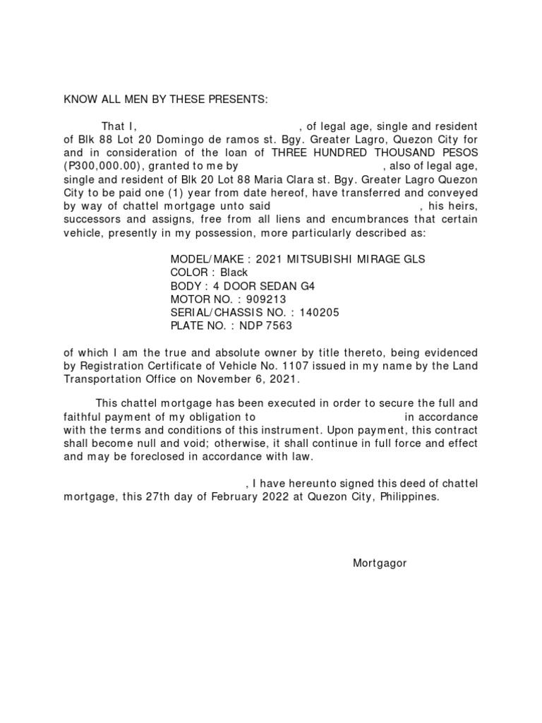 Deed of Chattel Mortgage | PDF | Mortgage Law | Debt