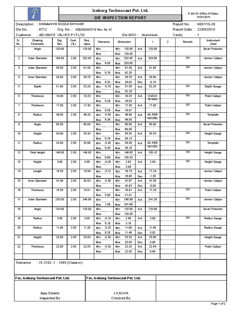 Die Inspection Report for Iceburg Tech | PDF | Metrology