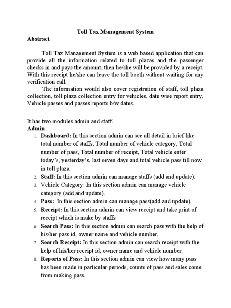 Toll Tax Management System | PDF | Receipt | Toll Road