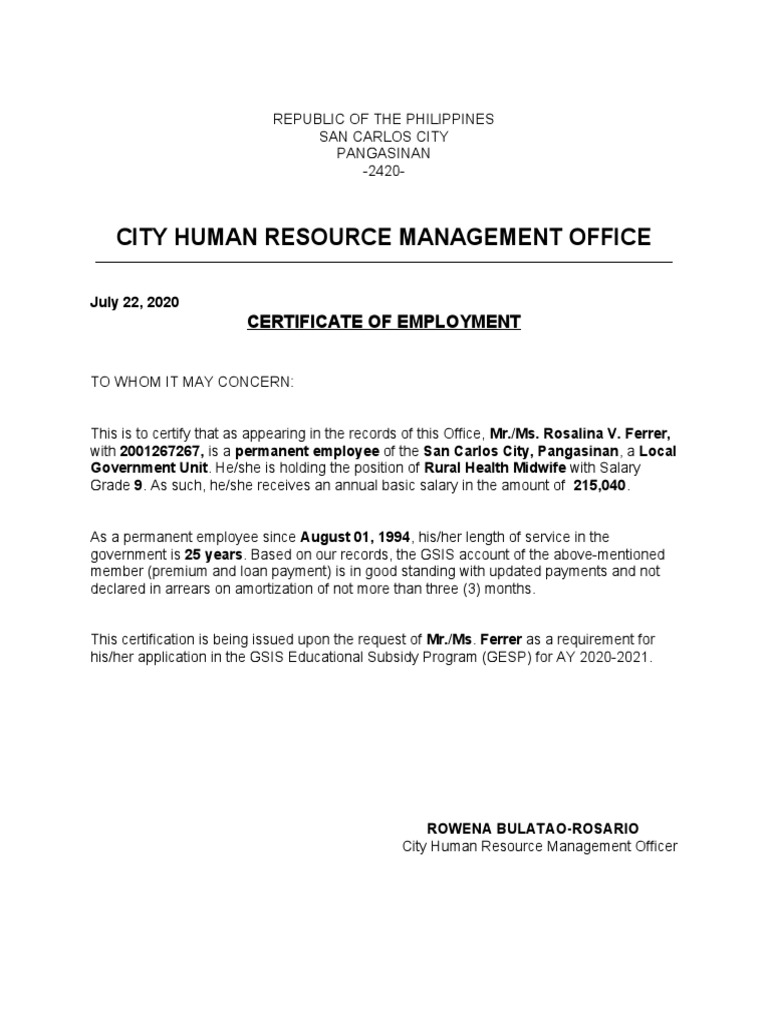 City Human Resource Management Office: Certificate of Employment | PDF ...