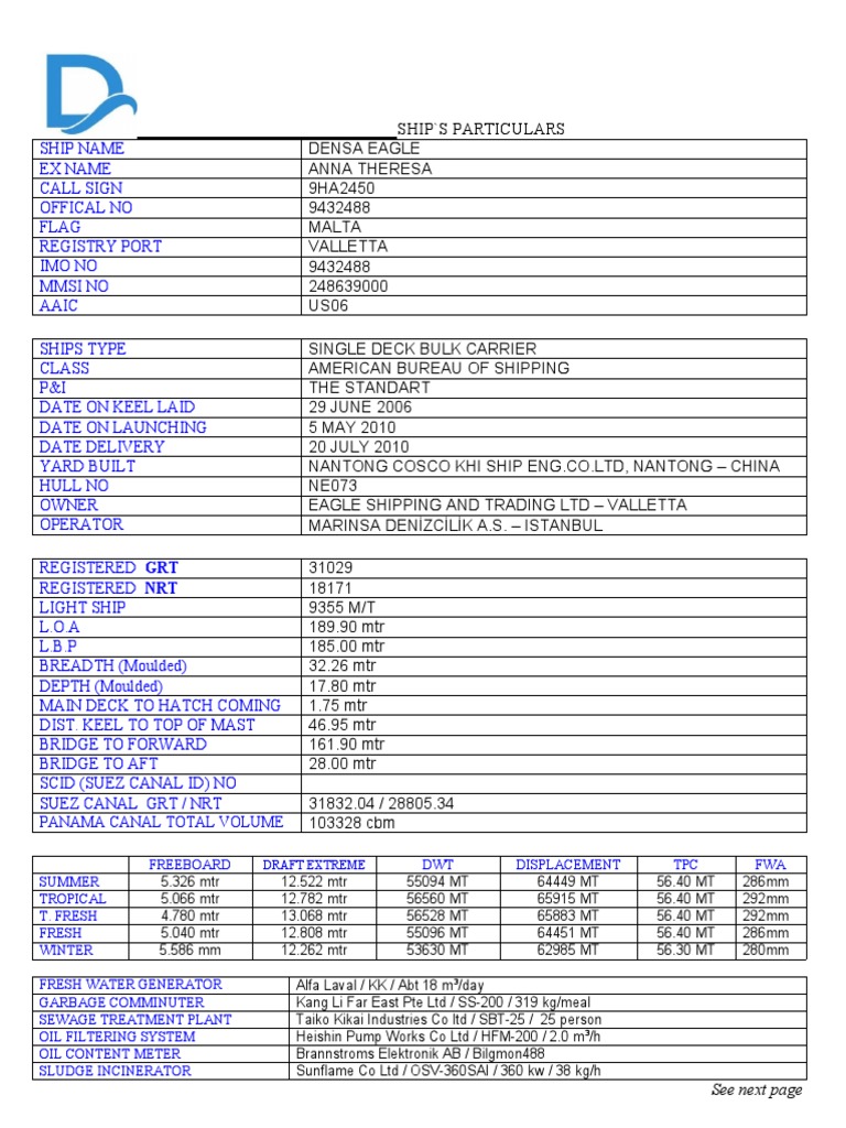 Ship'S Particulars: See Next Page | PDF | Ships | Shipping