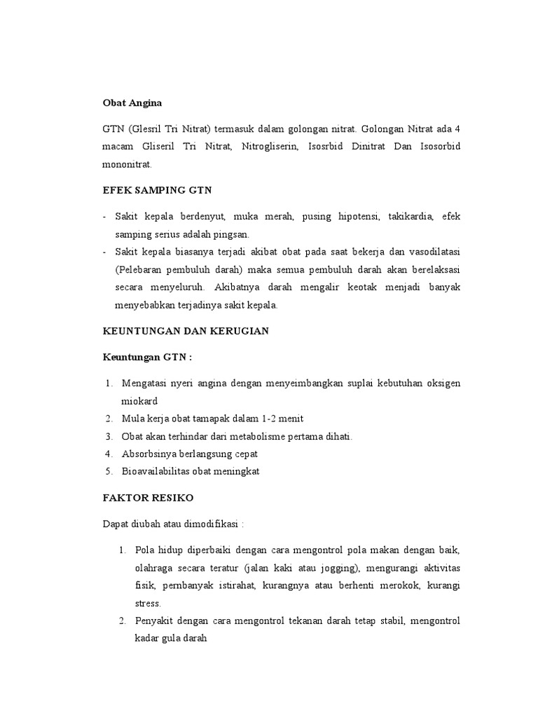 Obat Angina GTN: Manfaat dan Efek Samping | PDF