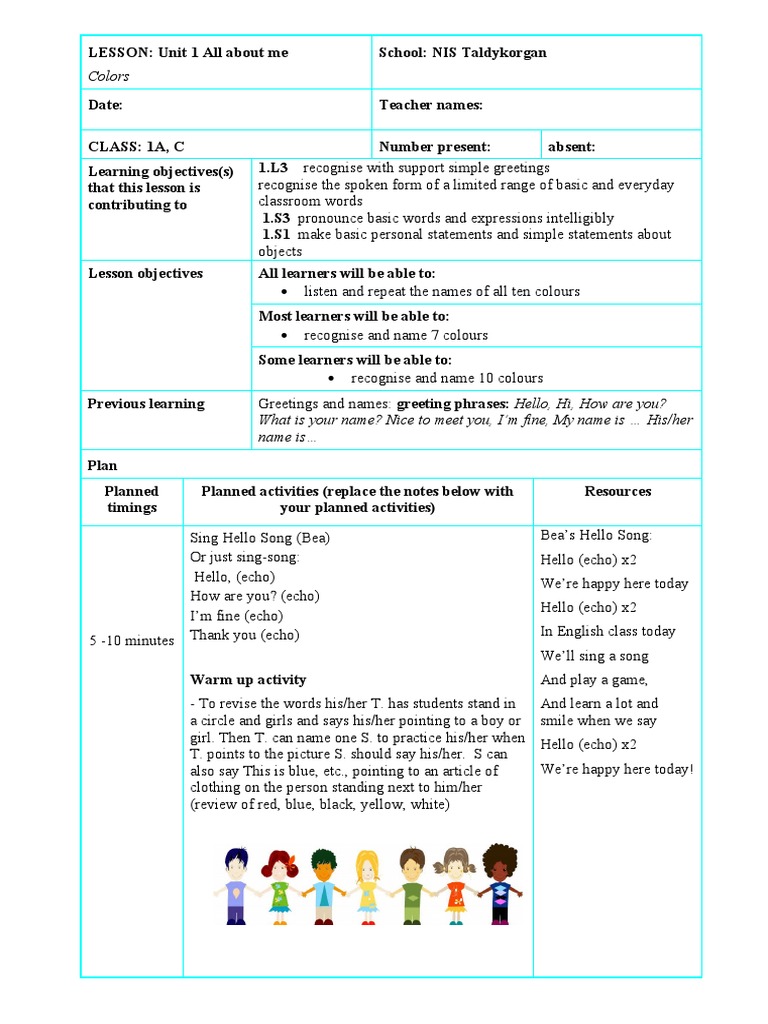 English - Grade 1 - Unit 1 - All About Me - Colours - LESSON PLAN | PDF ...