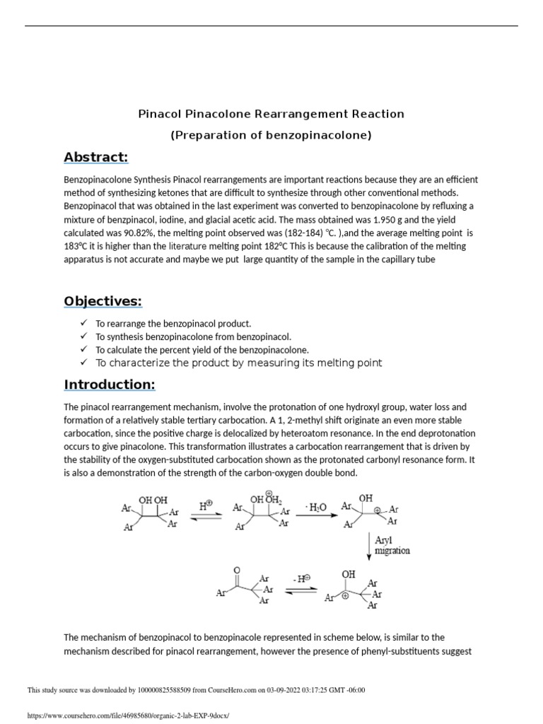 Benzopinacolone Synthesis via Rearrangement | PDF | Chemical Reactions ...