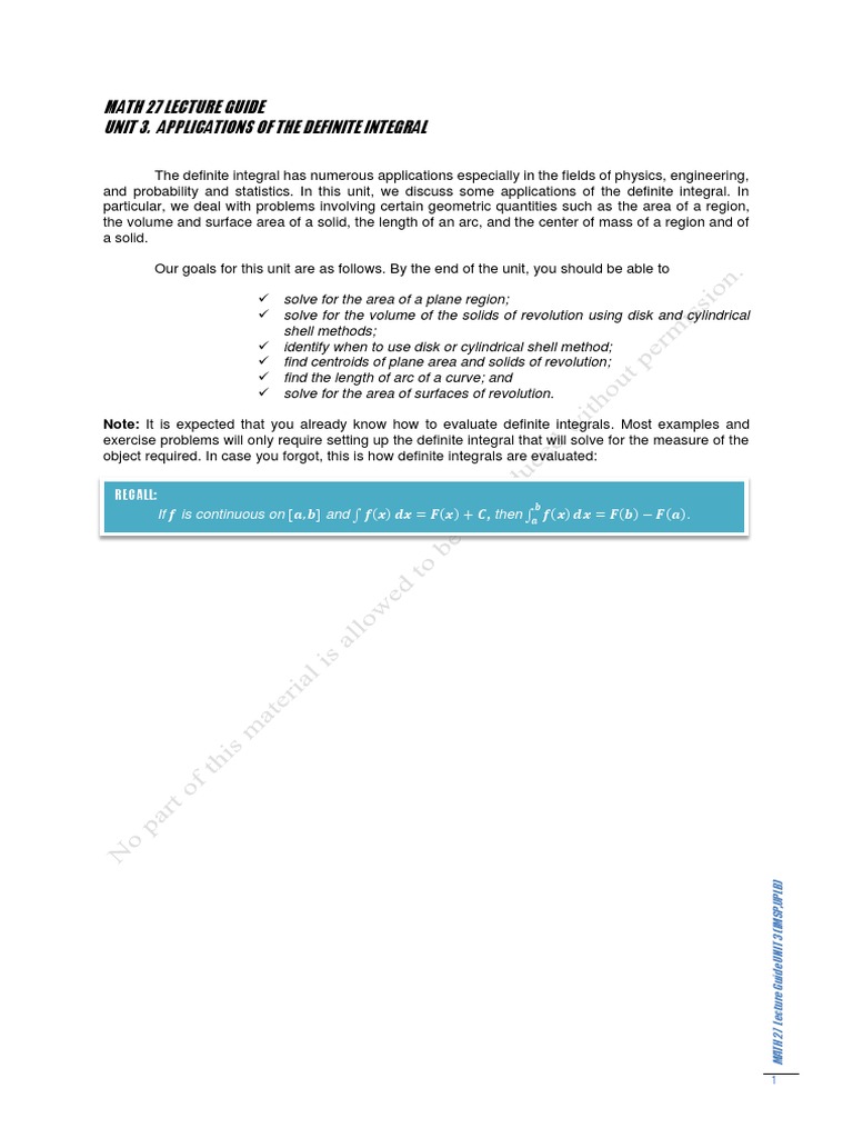 Math 27 Lecture Guide Unit 3. Applications of The Definite Integral ...