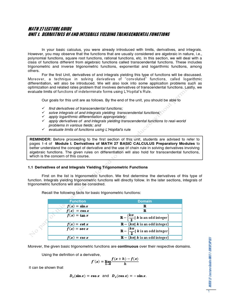 Math 27 Lecture Guide Unit 1. Derivatives of and Integrals Yielding ...