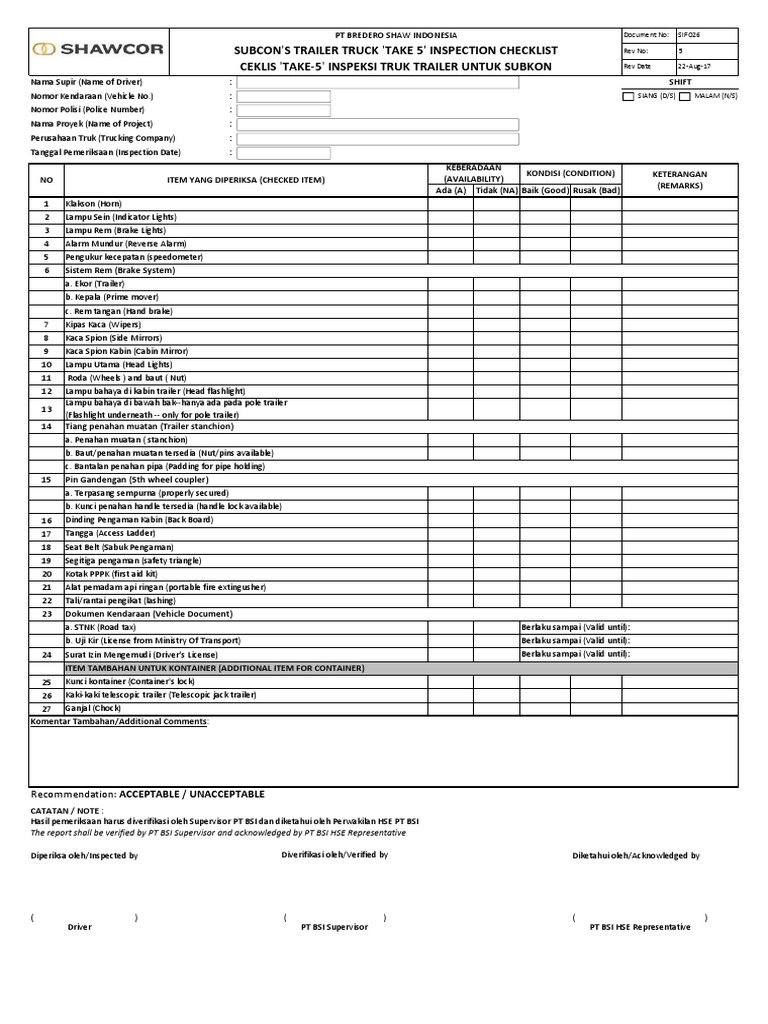 SIF 026 - Subcon's Trailer Truck Take 5 Checklist Rev5 | PDF ...