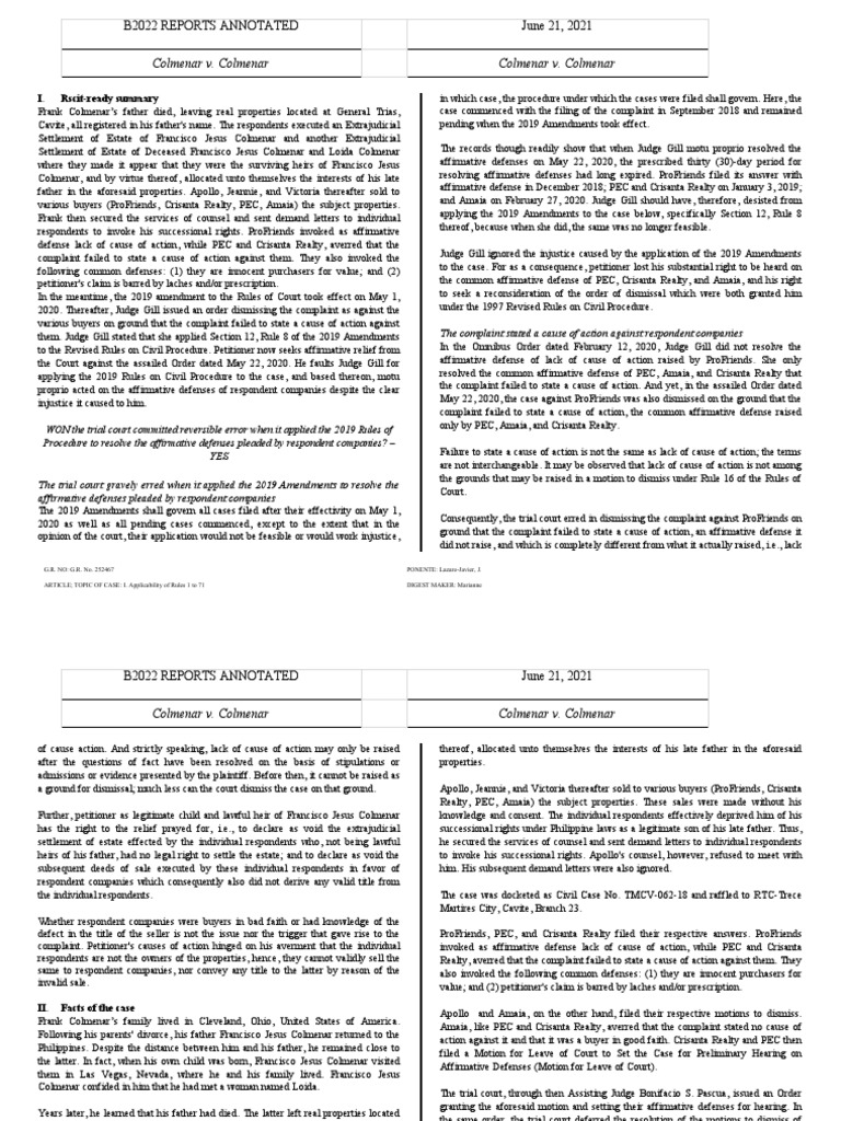 (REMREV) 3 - Colmenar v. Colmenar - Angeles | PDF | Complaint | Pleading