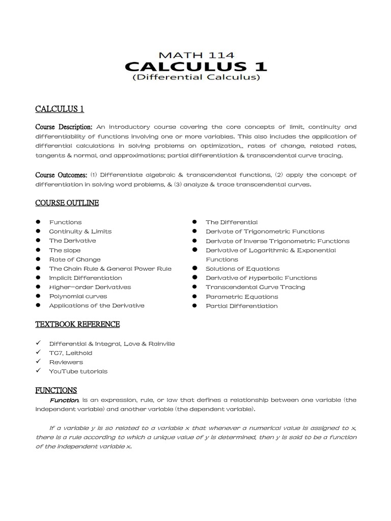 Calculus 1: Course Outline | PDF | Derivative | Function (Mathematics)