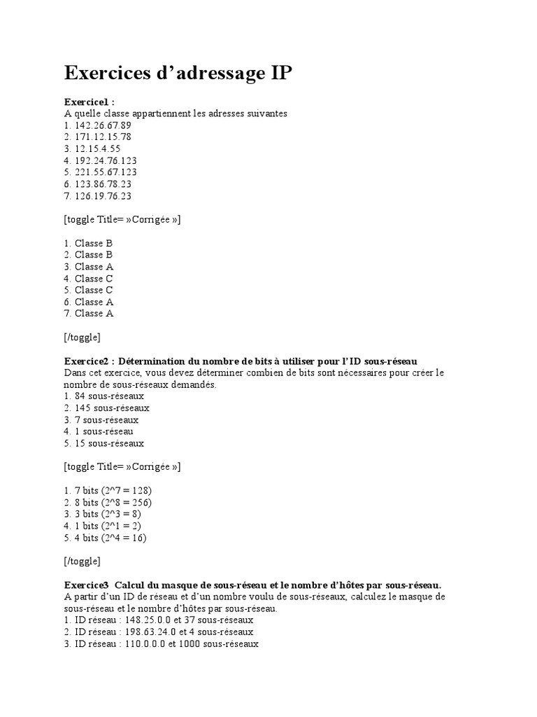 Exercices Adressage IP | PDF | Adresse IP | Protocoles réseau