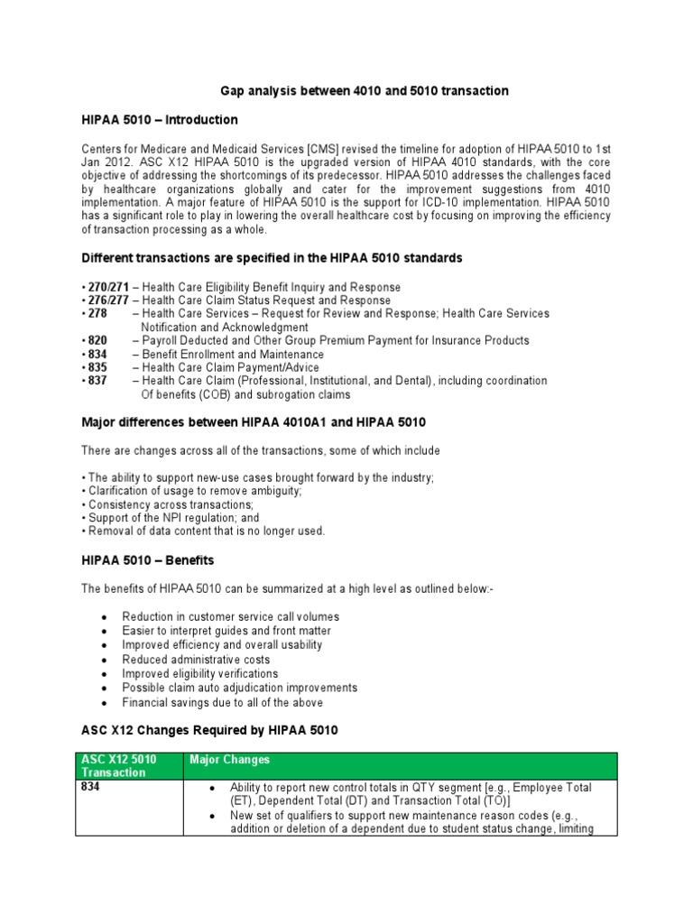 Gap Analysis Between 4010 and 5010 Transaction | PDF | Health Insurance ...