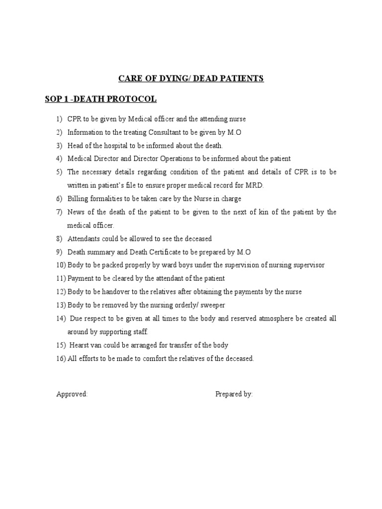 Care of Dying/ Dead Patients Sop 1 - Death Protocol | PDF | Science ...