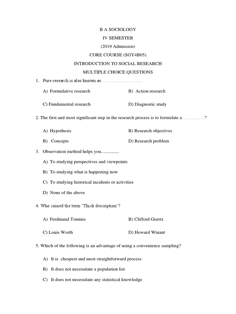 Mcq Introduction To Social Research Pdf Sampling Statistics Survey Methodology