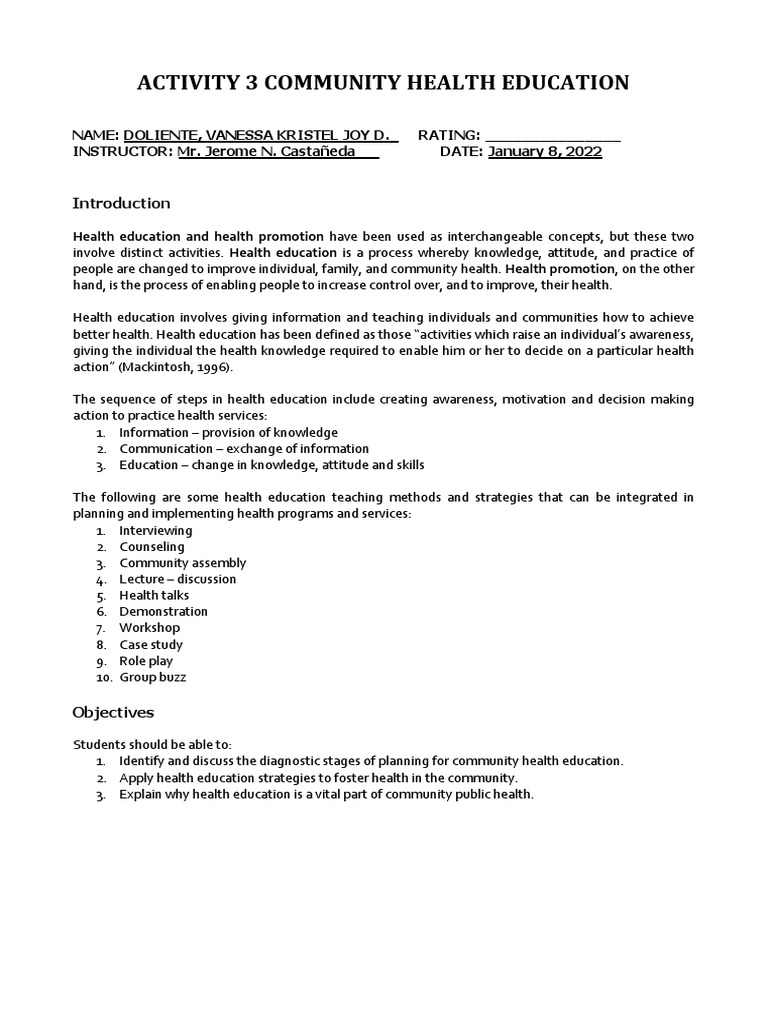 Activity 3 Community Health Education | PDF | Health Education | Psychology