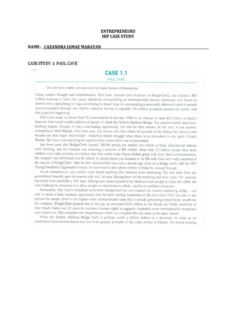 Case Study 1: Paul Cave: Entrepreneurs Hip Case Study Name: - Cazandra Jamae Marayan | PDF