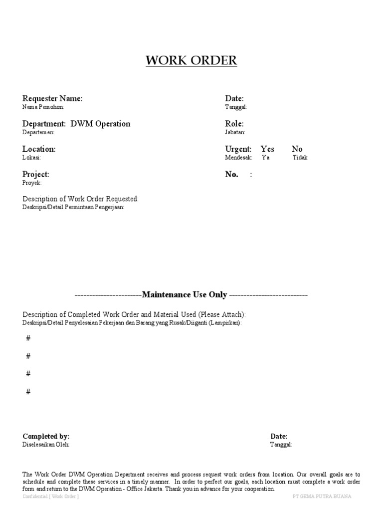 DWM Operation Work Order Form | PDF