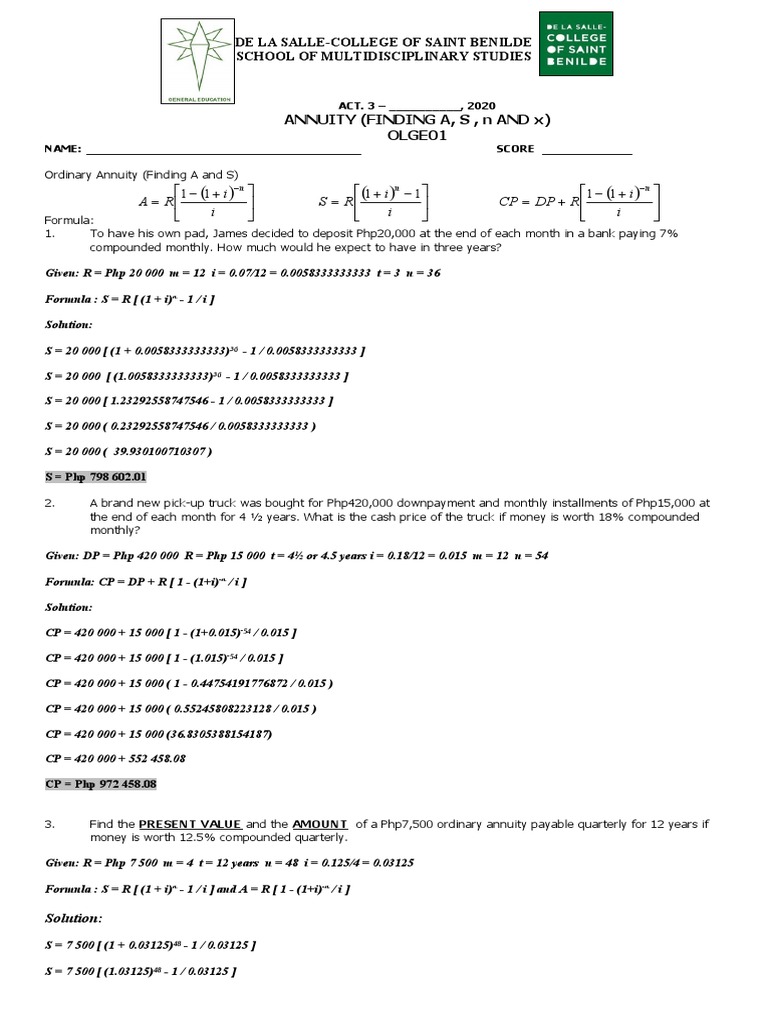 Activity Sheet 3 Ordinary Annuity | PDF | Time Value Of Money ...