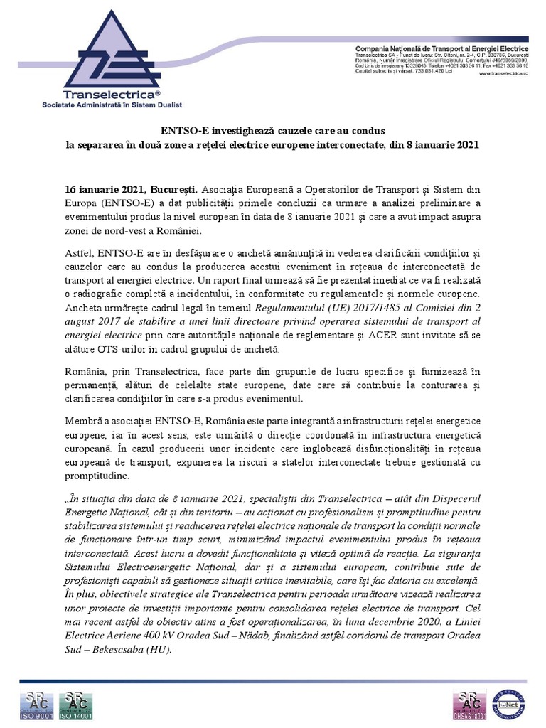Avarie Sistem European in 08.01.2021 | PDF