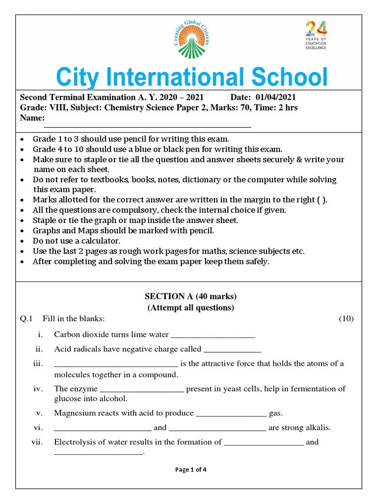 Grade 8 Chemistry Question Paper | PDF | Chemical Reactions | Chlorine