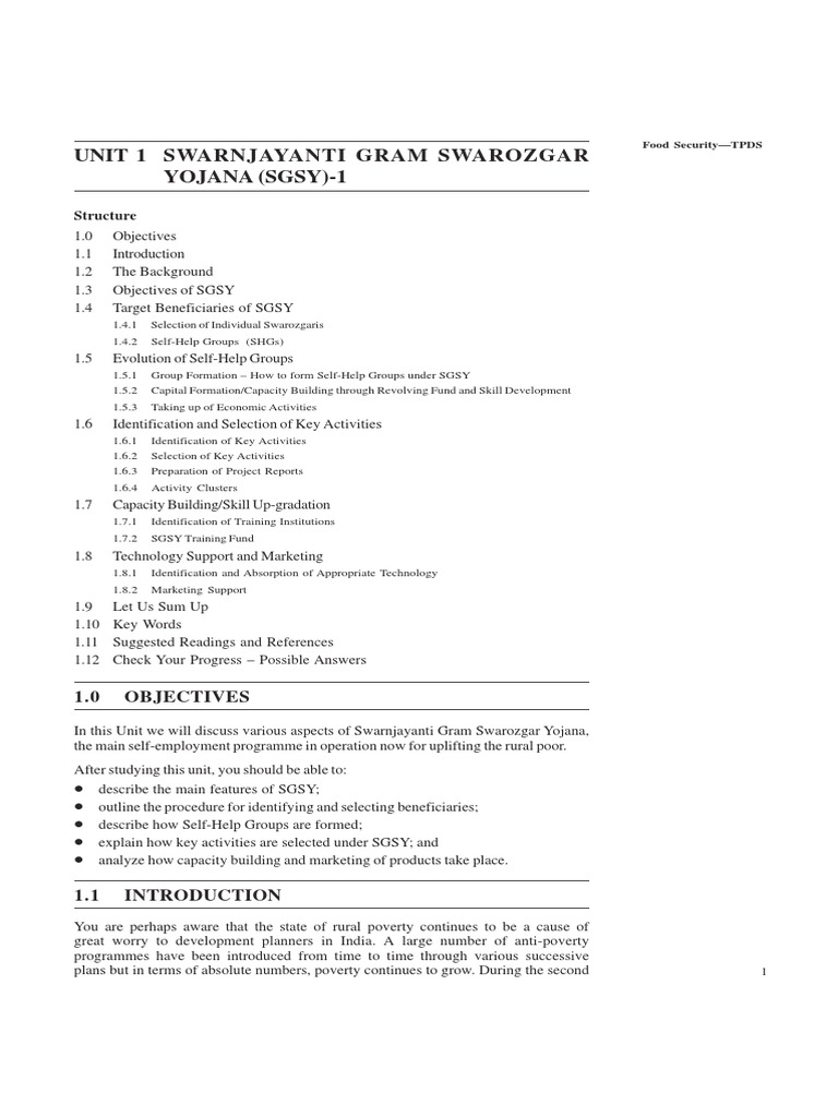 Unit-1 Swarnjayanti Gram Swarozgar Yojana (SGSY) - 1 | PDF | Loans ...
