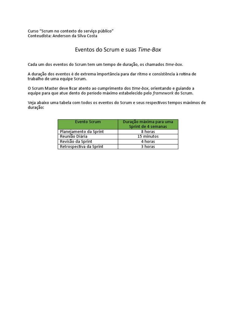 Tabela Dos Eventos Scrum e Suas Time-Box | PDF