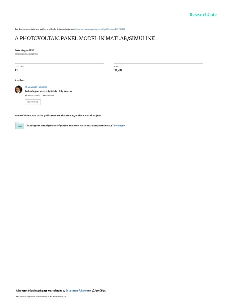 A Photovoltaic Panel Model in Matlab-Simulink | PDF | Photovoltaics ...
