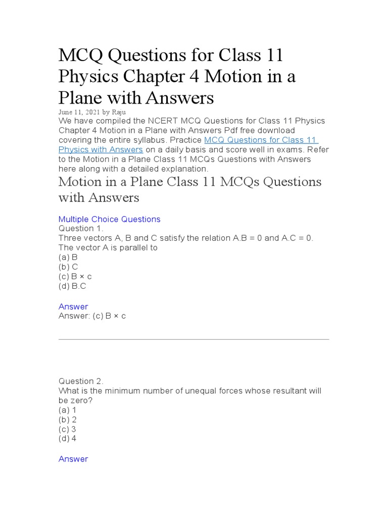 MCQ Questions for Class 11 Physics Chapter 4 Motion in a Plane with ...