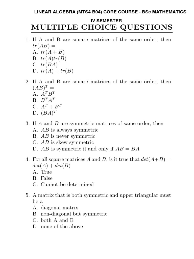 Multiple Choice Questions: Linear Algebra (Mts4 B04) Core Course - BSC ...