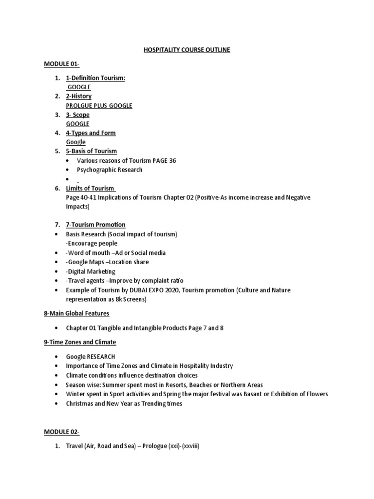 Hospitality Course Outline Module 01-1. 1-Definition Tourism: Google 2 ...