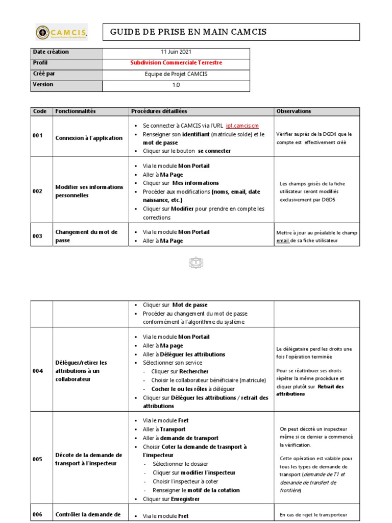 Guide de Prise en Main Camcis: Subdivision Commerciale Terrestre | PDF