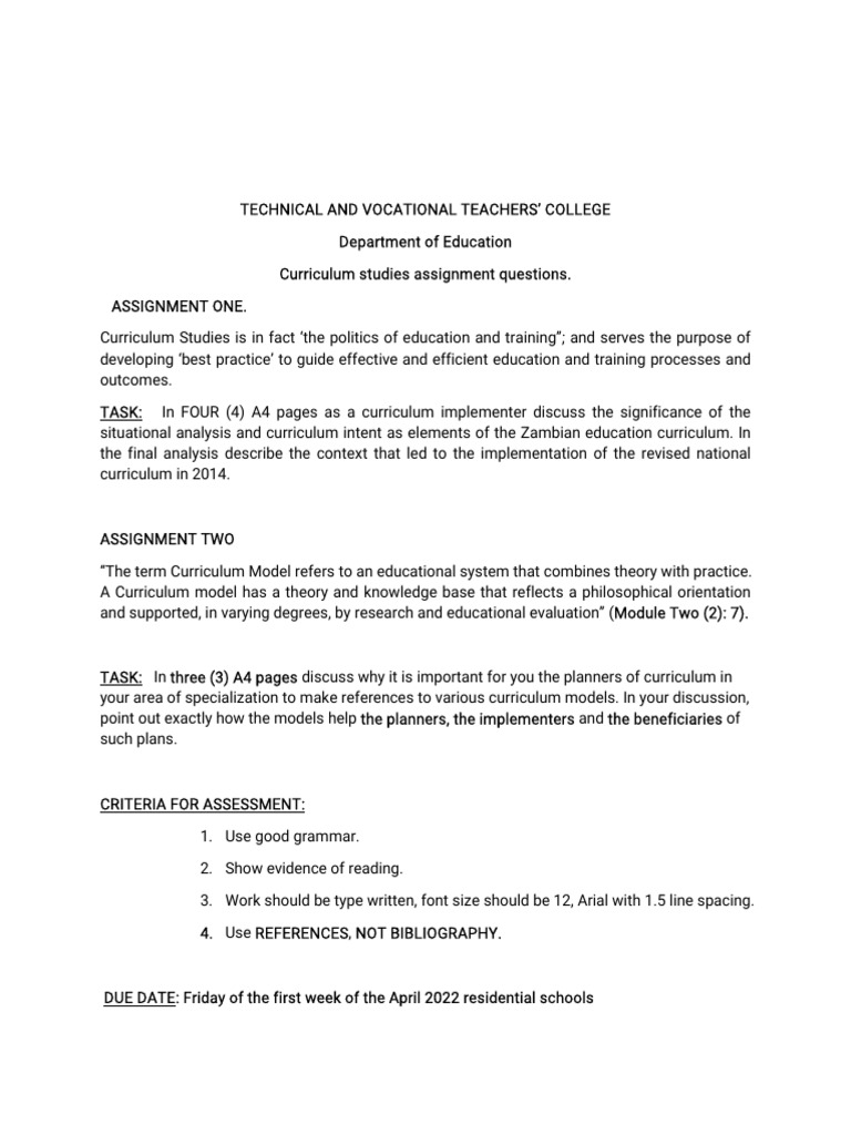 Curriculum Studies Assignment Questions | PDF
