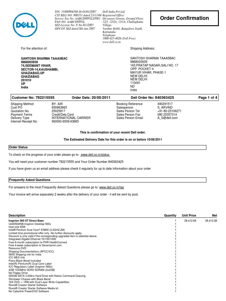 Order I2 CNS CNR 840363425 2011-05-20 | PDF | Receipt | Dell