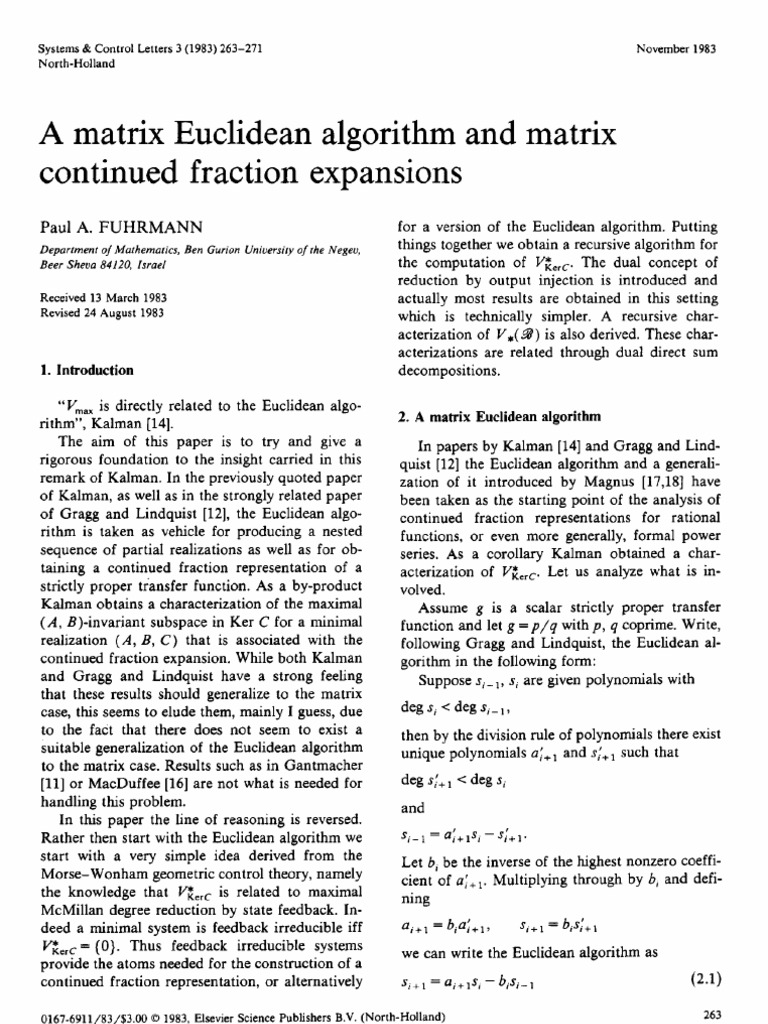 A Matrix Euclidean Algorithm and Matrix Continued Fraction Expansions | Download Free PDF ...
