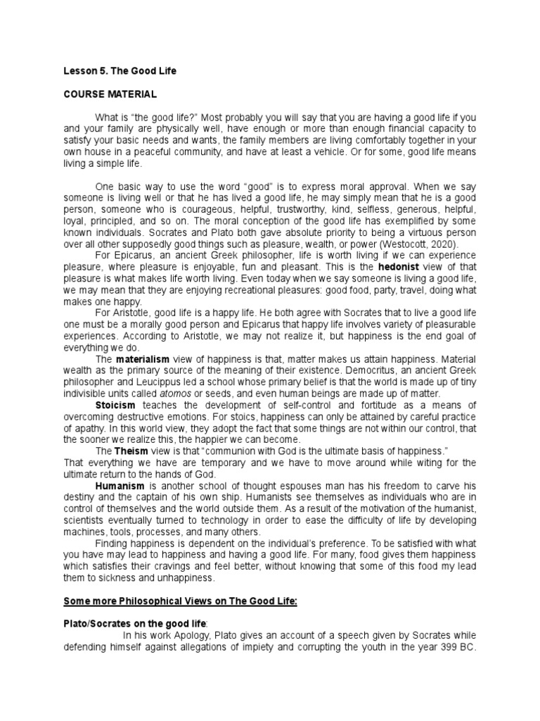 Lesson 5 The Good Life | PDF | Virtue | Socrates