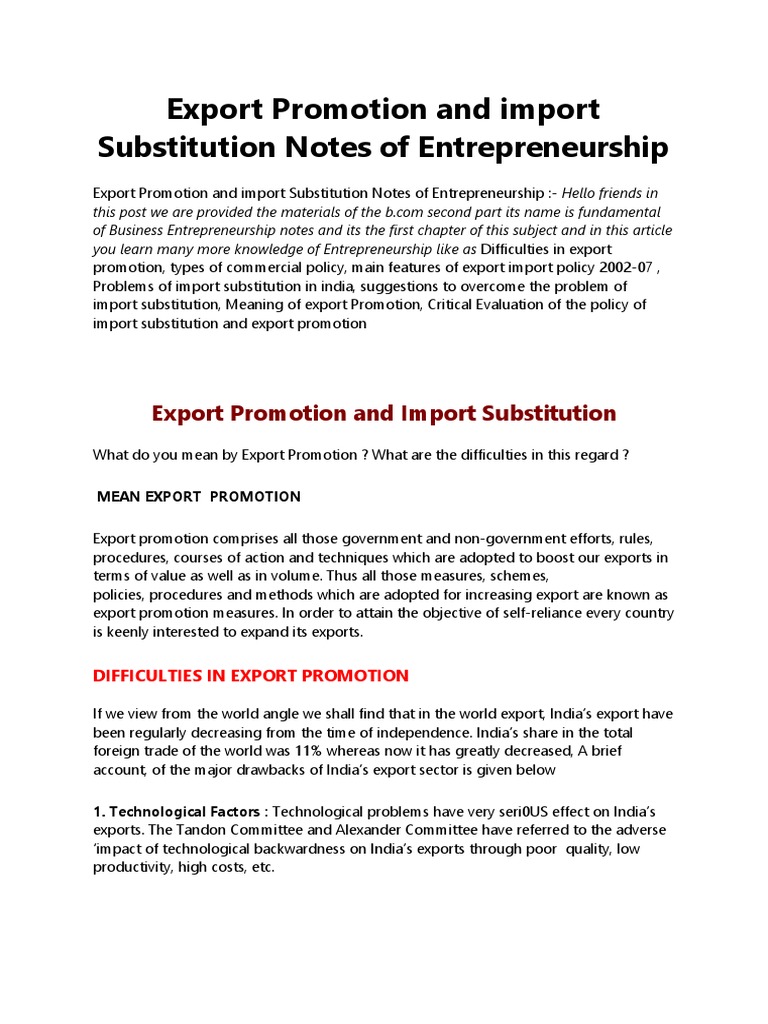 Export Promotion and Import Substitution Notes of | PDF | Exports ...
