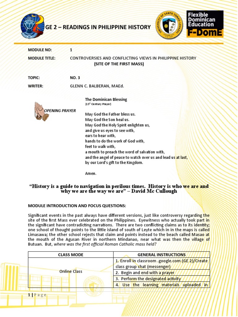 Ge 2 - Readings in Philippine History: (Site of The First Mass) | PDF ...