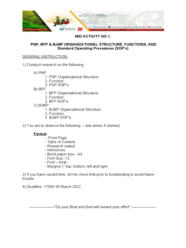 Mid Activity No 1. PNP, BFP & BJMP Organizational Structure, Functions ...