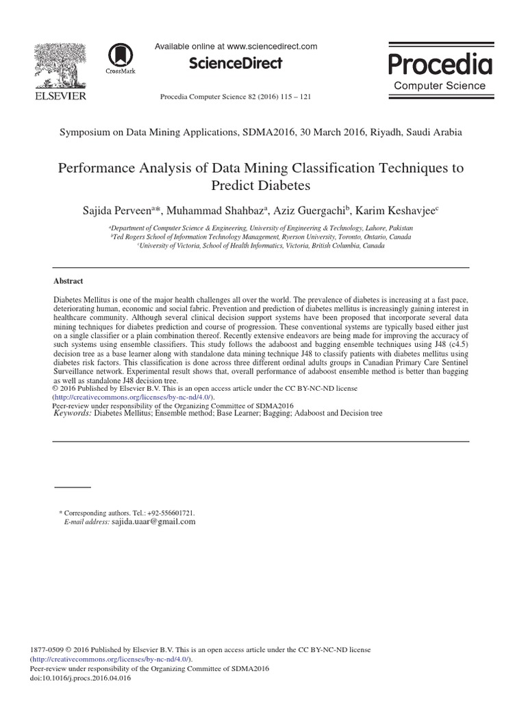 Sciencedirect Performance Analysis Of Data Mining Classification Techniques To Predict Diabetes