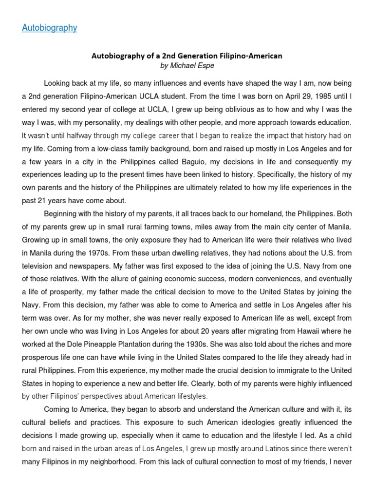 Autobiography of A 2nd Generation Filipino-American | PDF | Philippines