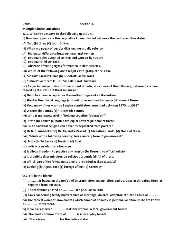 Civics Section-A Multiple Choice Questions Q.1. Write The Answers To ...