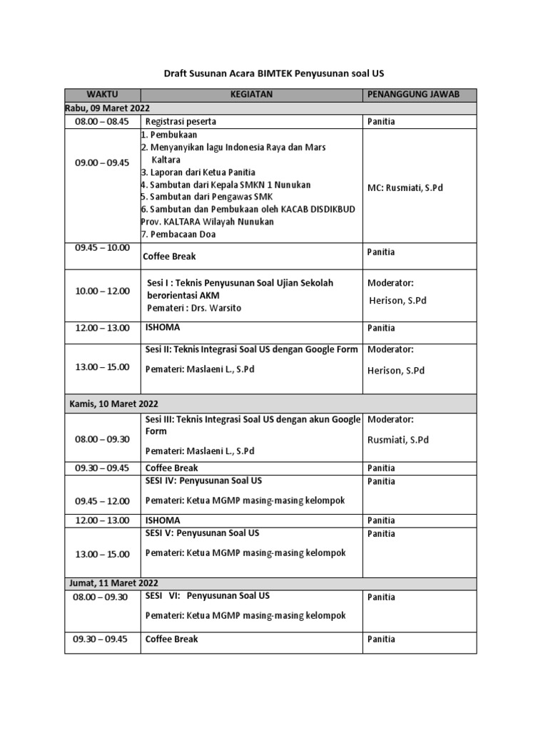 Draft Susunan Acara Bimtek Soal US | PDF