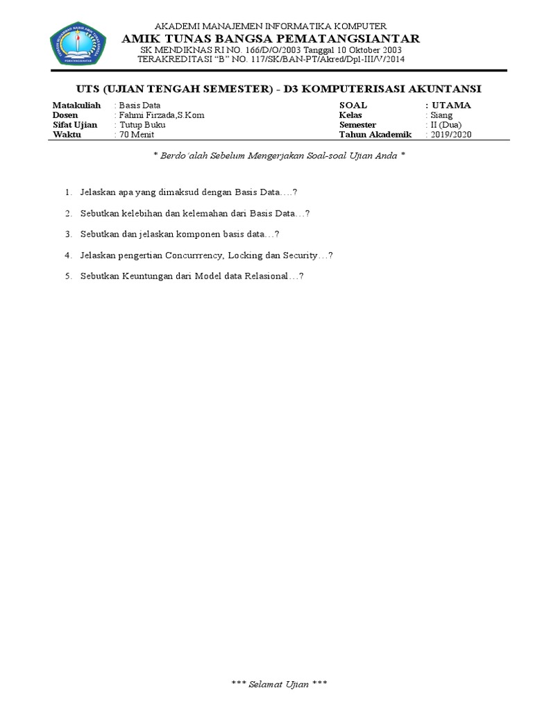 Soal UTS Basis Data Semester 2 | PDF