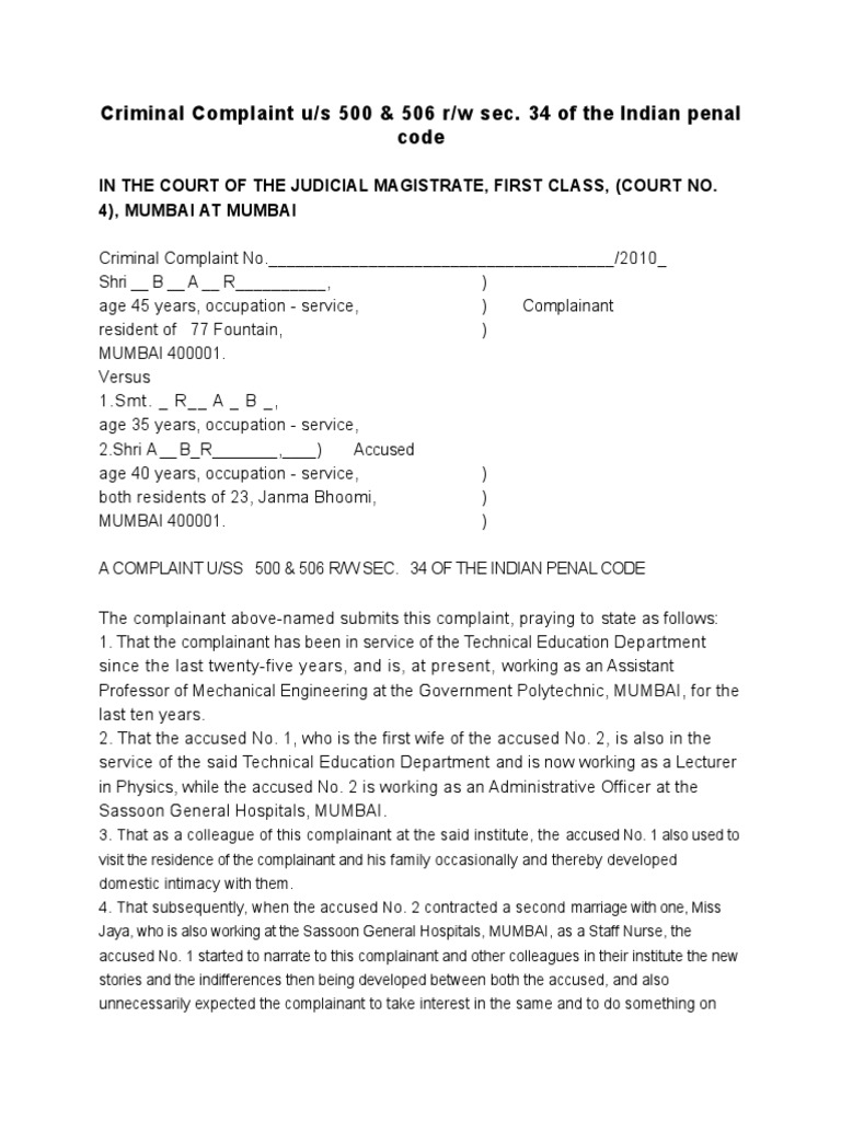 Criminal Complaint U S 500 - 506 Read With Sec. 34 of The Indian Penal ...