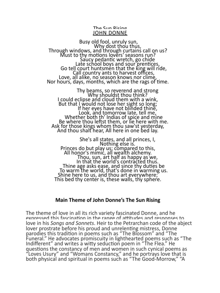 Main Theme of John Donne's The Sun Rising | PDF | Poetry